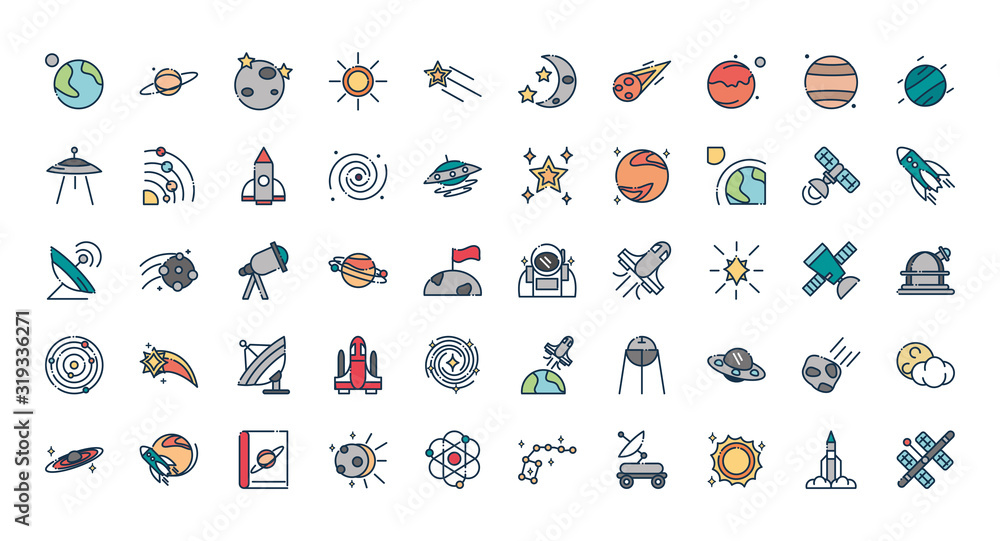 astronomy and space exploration observation science icons set Stock ...