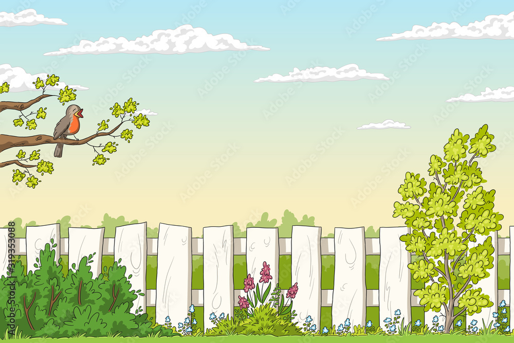 Spring landscape with bird and flowers. Hand drawn vector illustration ...