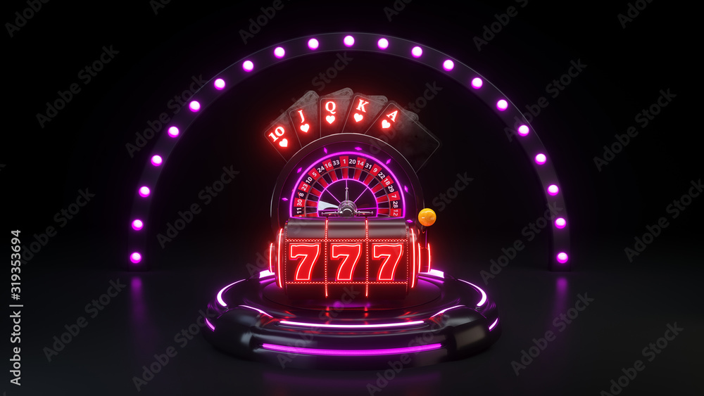 Casino Gambling Concept, Royal Flash Poker Cards With Neon Lights - 3D ...
