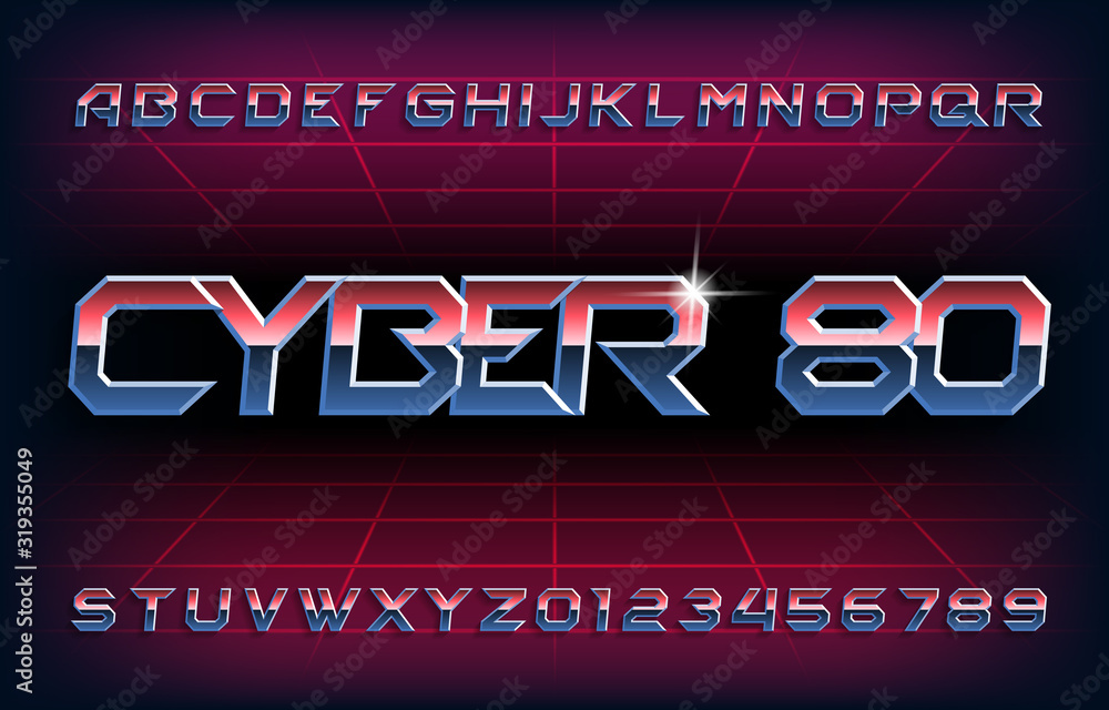 Cyber 80 alphabet font. Glowing Retro letters and numbers in 80s style ...