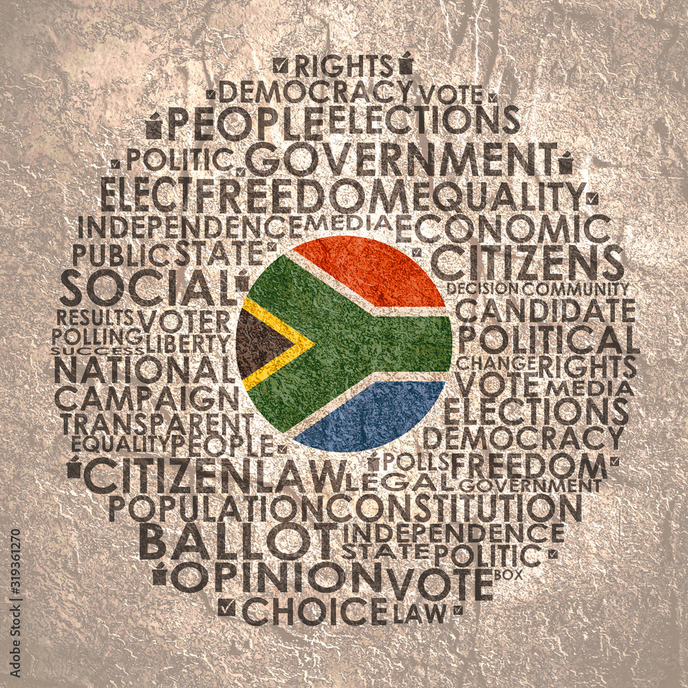 Words cloud relative for voting. Circle frame. Flag of the South Africa ...
