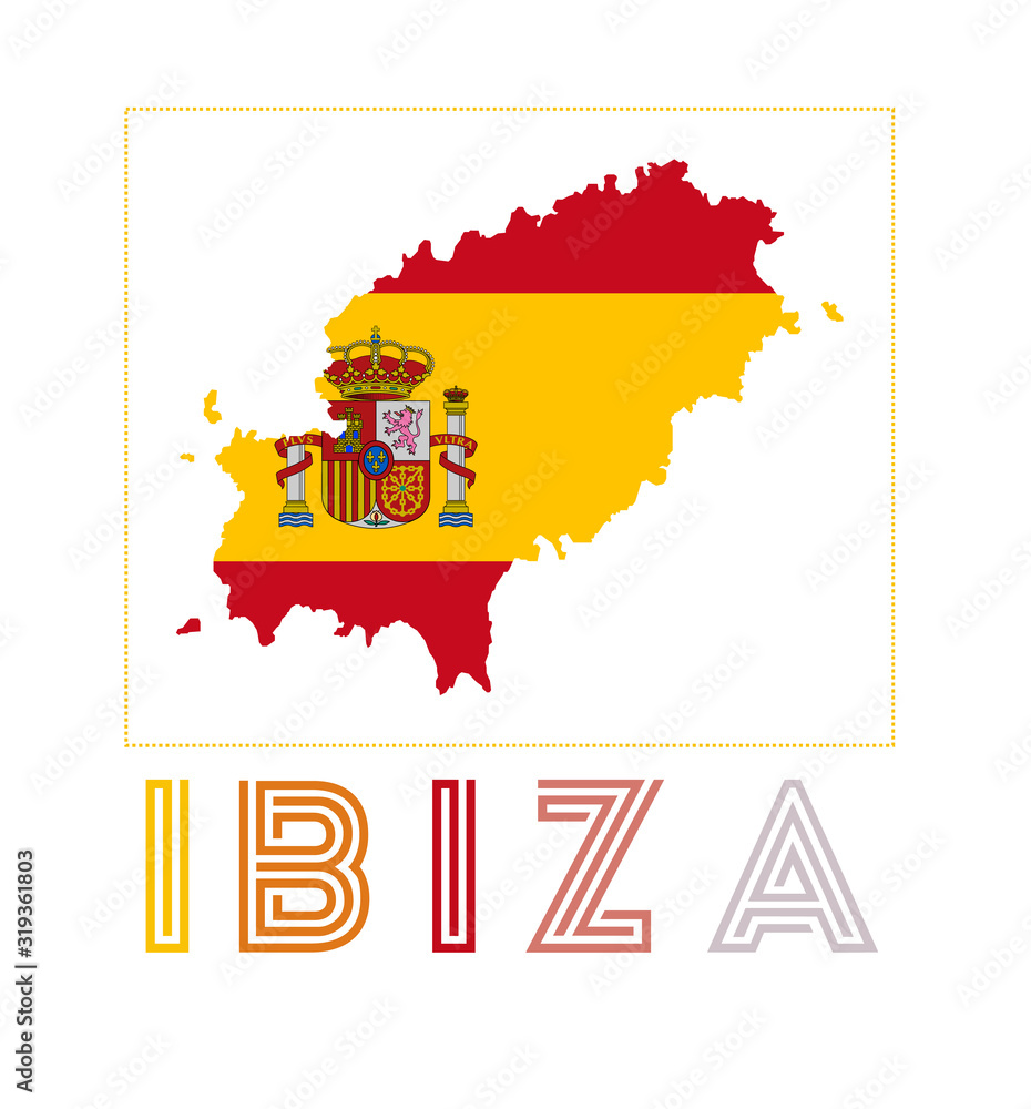 Ibiza Logo. Map of Ibiza with island name and flag. Appealing vector ...