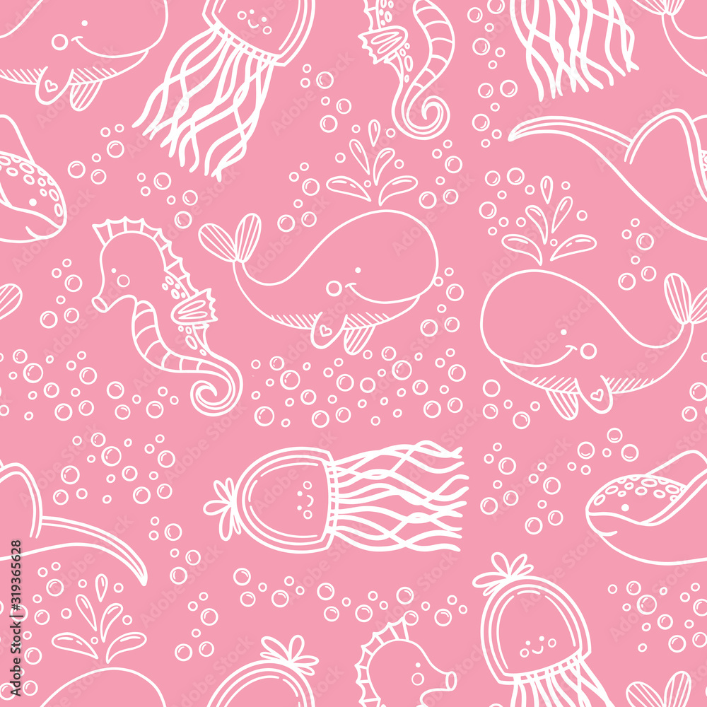 Children's cartoon cute pattern on a pink background with sea animals ...