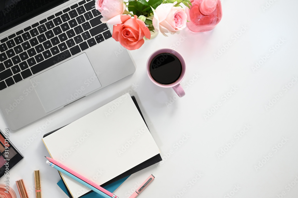 Office desk of creative female desk, View from top of woman equipment ...