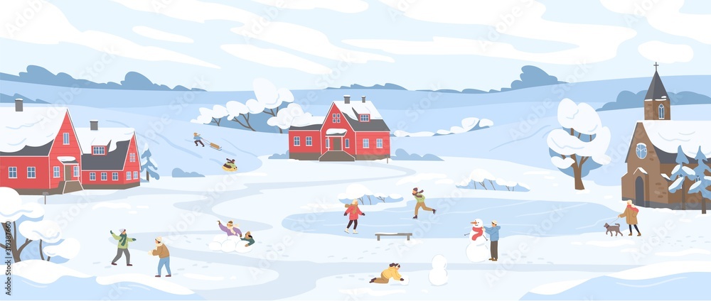 Panorama of winter landscape with leisure people vector illustration ...