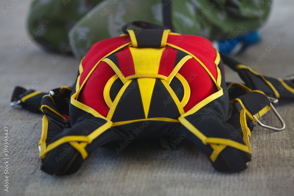 Parachute system packed before performing a jump, close-up. Parachute ...