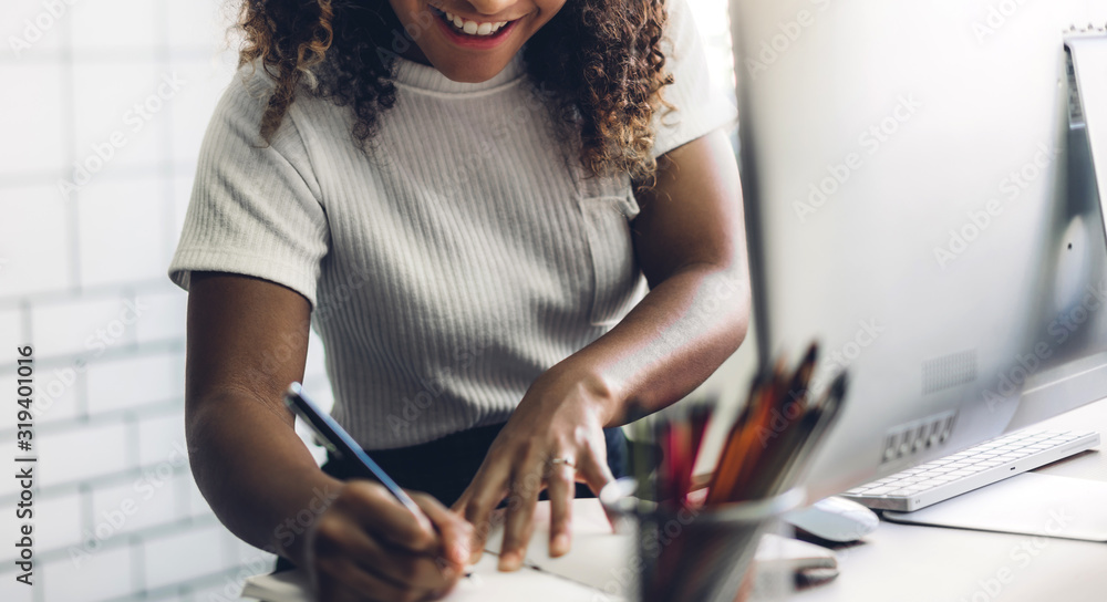 African american black woman working with laptop computer.creative ...
