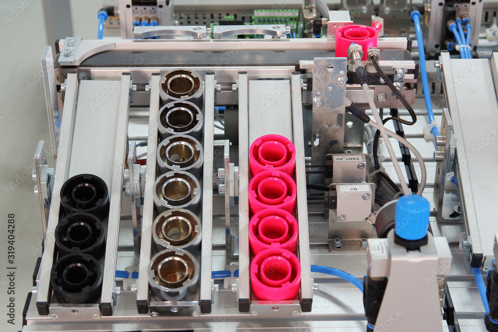 close-up of a vertical storage rack of a smart factory. Products which ...
