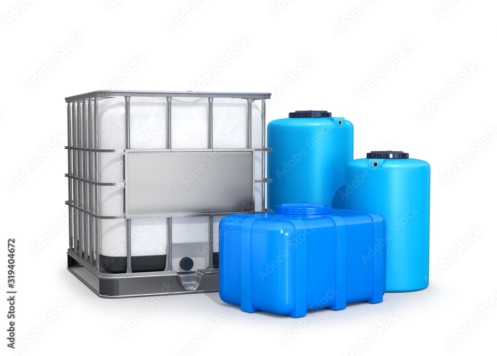 Water tanks. Large plastic containers. 3d illustration Stock ...