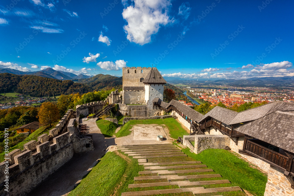 Celje Old castle (Celjski Stari grad), amazing aerial view of medieval ...