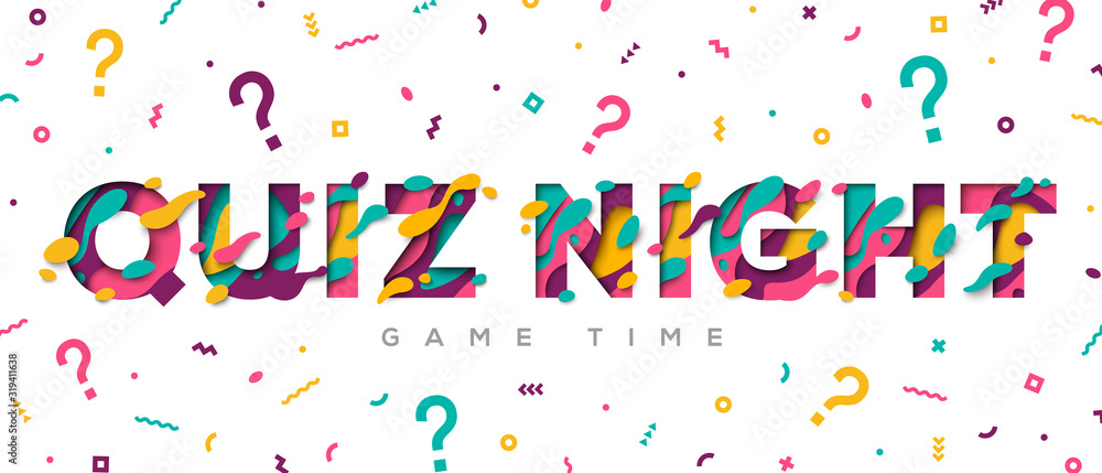 Quiz night typography design with abstract paper cut shapes on white ...