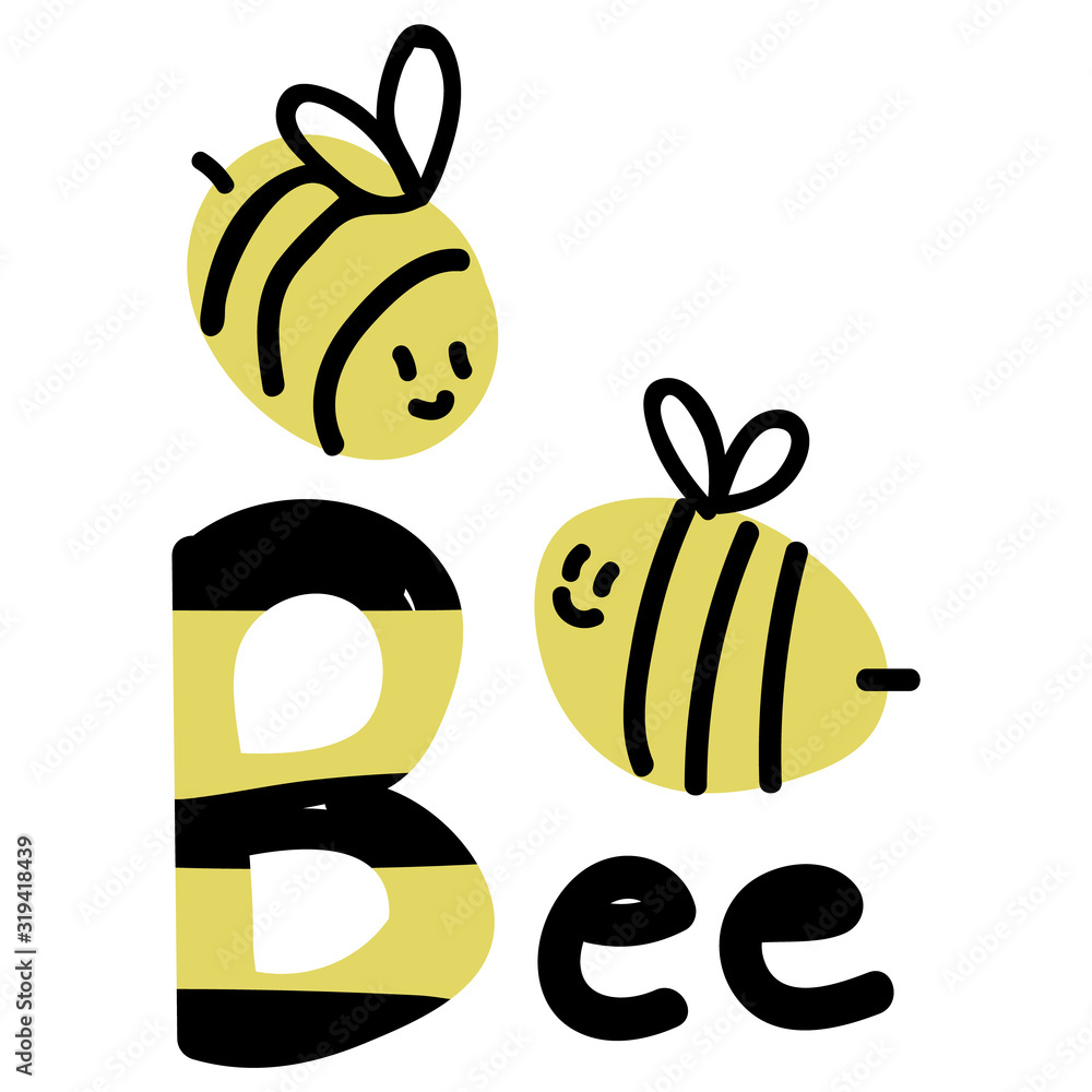 Cute simple bee typography doodle clipart. Hand drawn stylized insect ...