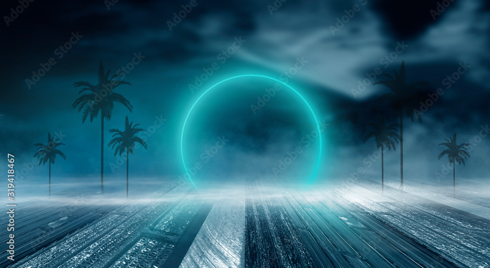 Futuristic night landscape with abstract landscape and island ...