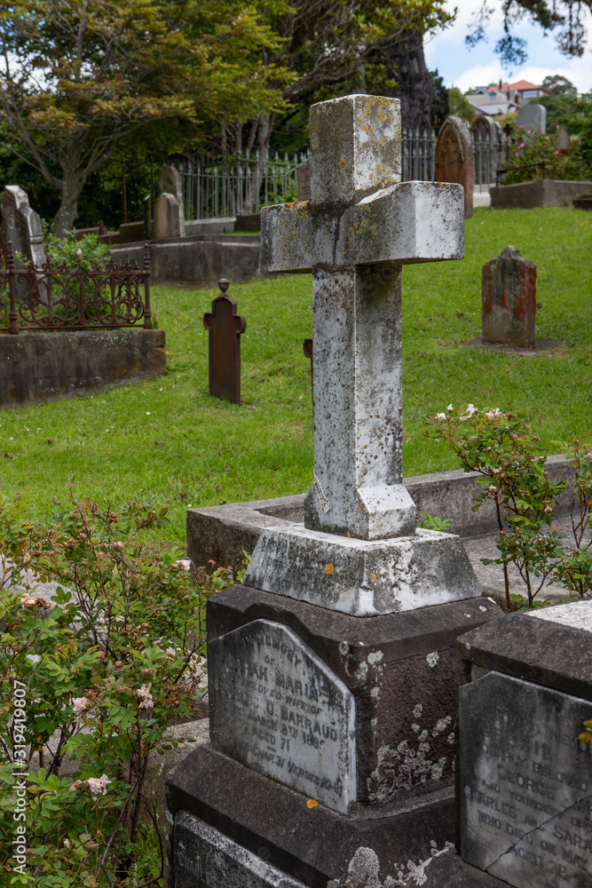 Wellington Botanic garden. Statue. Kelburn park Cemetry. Graveyard. Thombstone Stock Photo ...