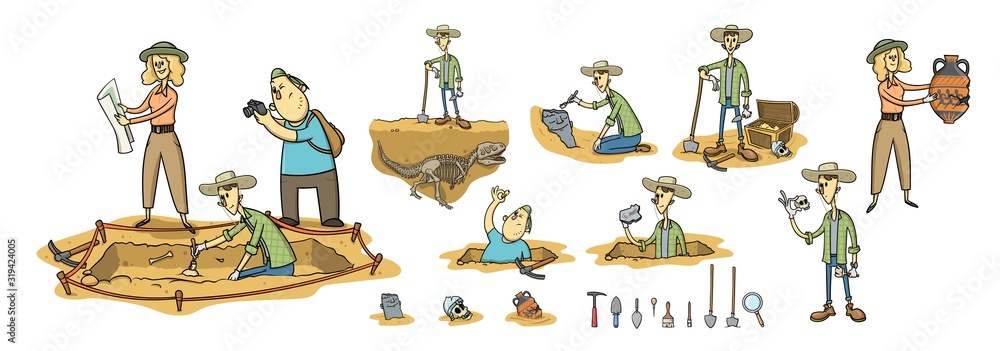 Archaeology, paleontology and treasure hunting, archaeologists on excavation site. Set of ...