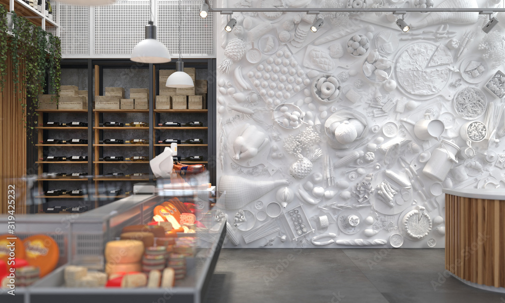 The interior of the food store or supermarket with white monochrome ...