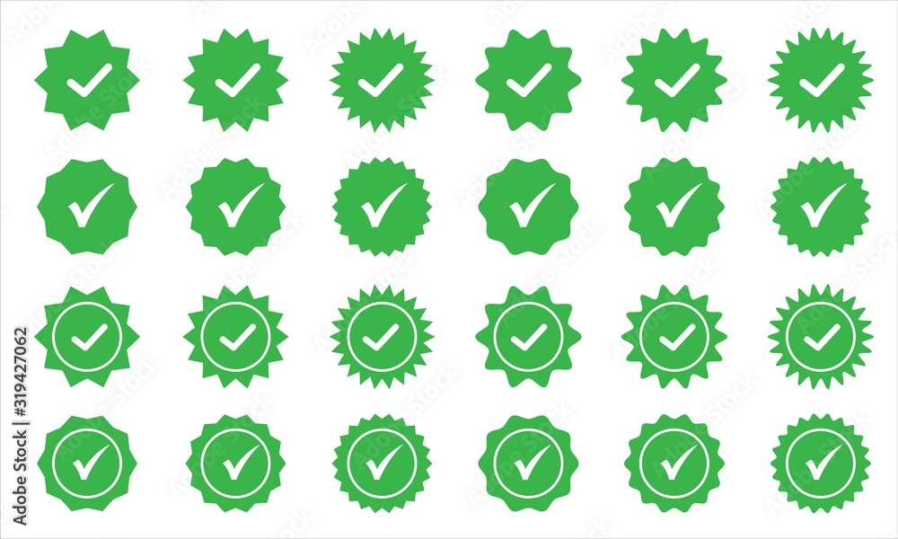 Green check mark icons set. Collection of verification badges. Eco ...