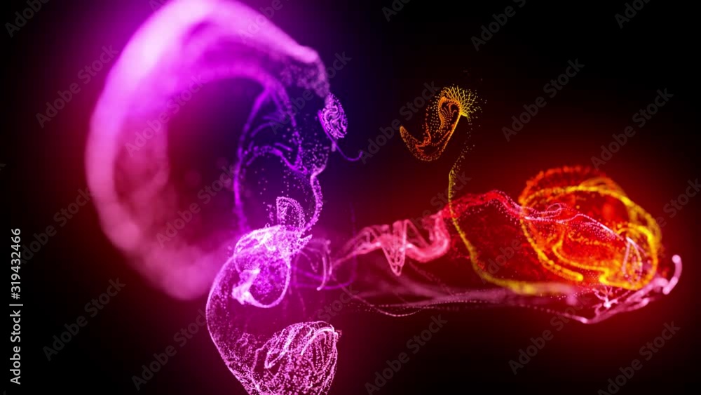 injection of fluorescent red violet ink in water in 4k. 3d render of ...