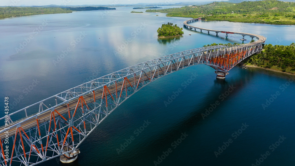 top view of the San Juanico Bridge. Landscape with a large bridge over ...