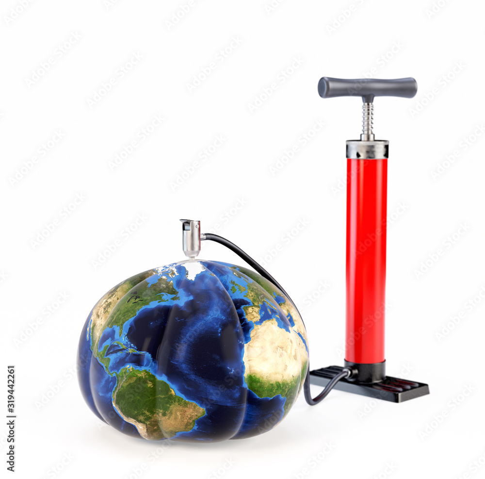 Deflated Beach Ball with Earth Map and Red Pump. Save the Earth Concept ...