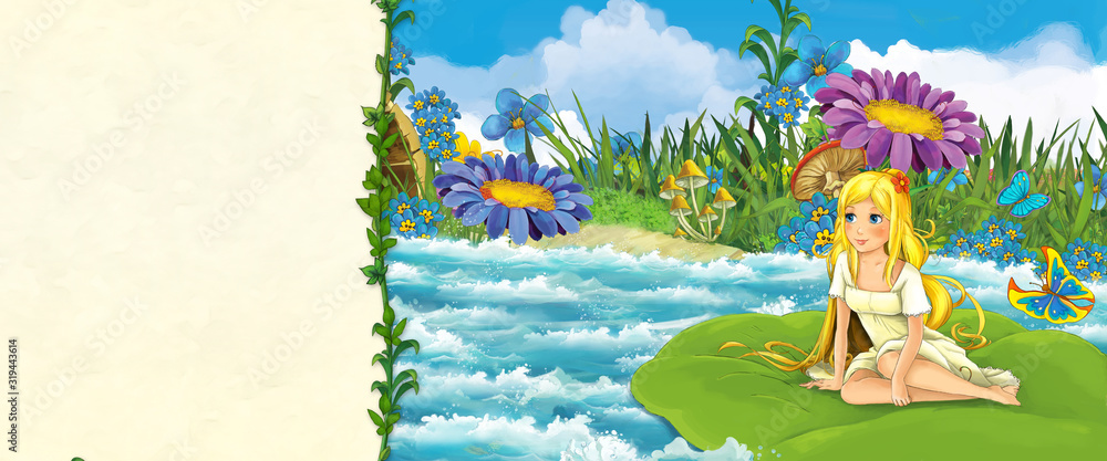 cartoon scene with beautiful elf girl in the nature illustration Stock ...