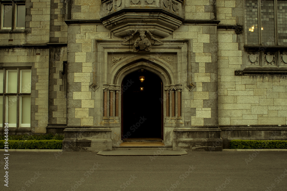 Facade and door of the castle of Kylemore Abbey, in Connemara, County ...