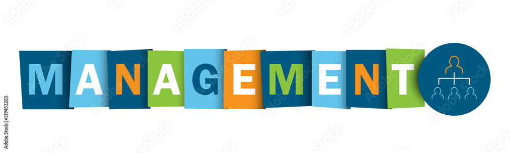 MANAGEMENT colorful vector typographic banner with organigramme symbol ...