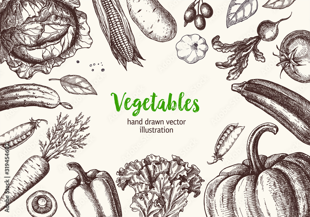 Vegetables top view frame. Farmers market menu design template. Organic ...
