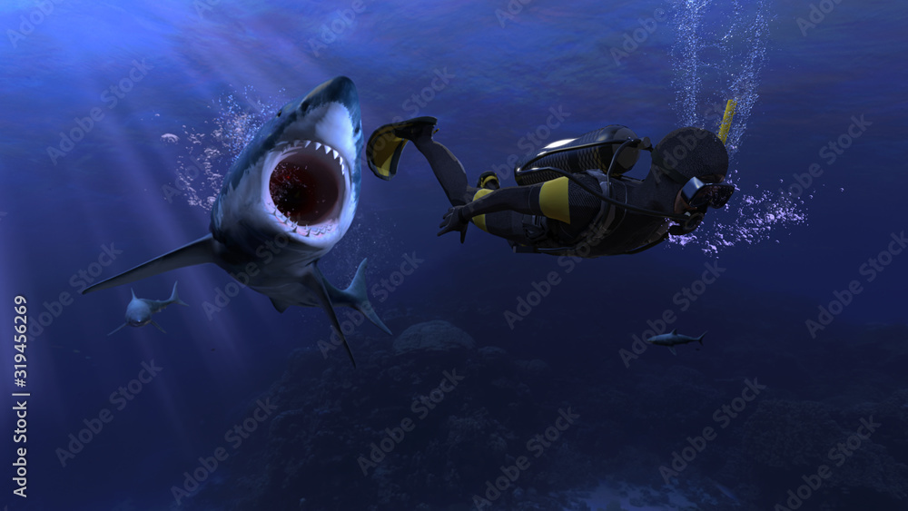 Scuba diver does not know the dangerous white shark behind him ...