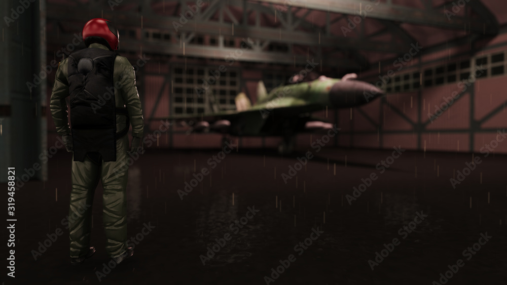 Russian commander pilot looking at the jet fighter in hangar 3d render ...