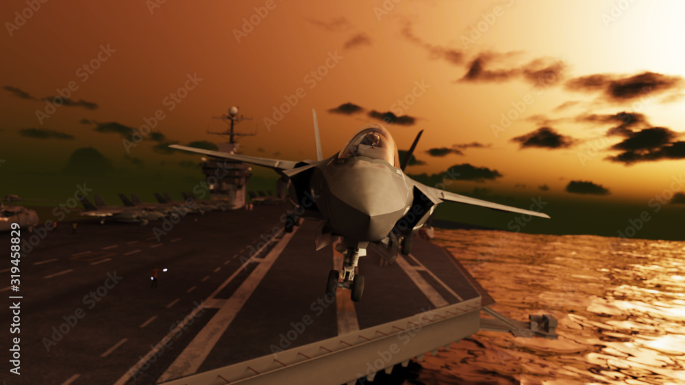 American stealth jet take-off from aircraft carrier at dawn 3d render ...