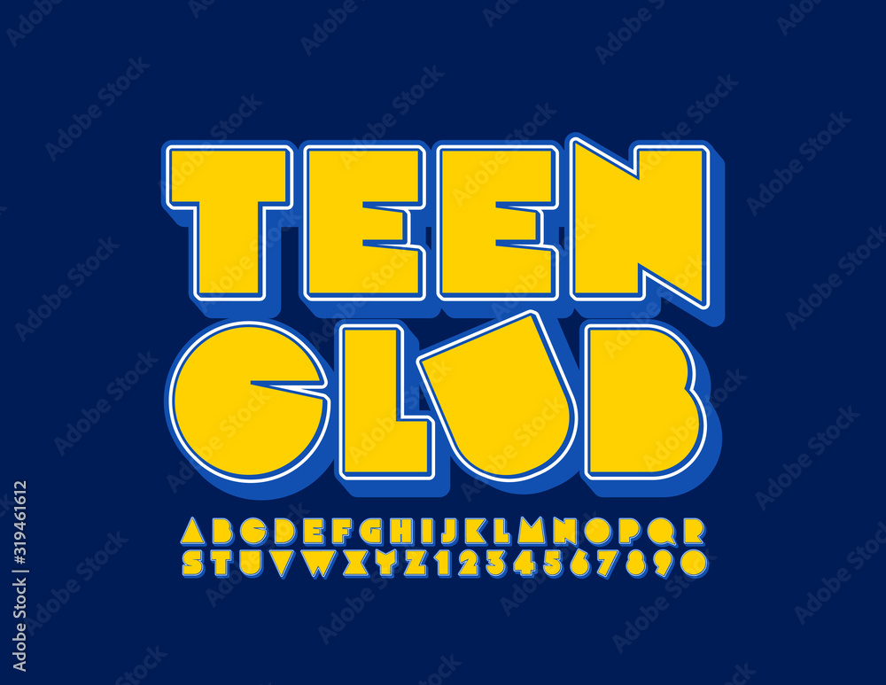 Vector bbright poster Teen Club. Yellow and Blue creative Font. Modern ...