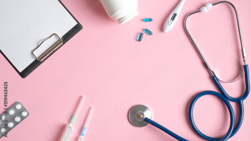 Medical equipment and instruments on pink background. Frame of medical ...