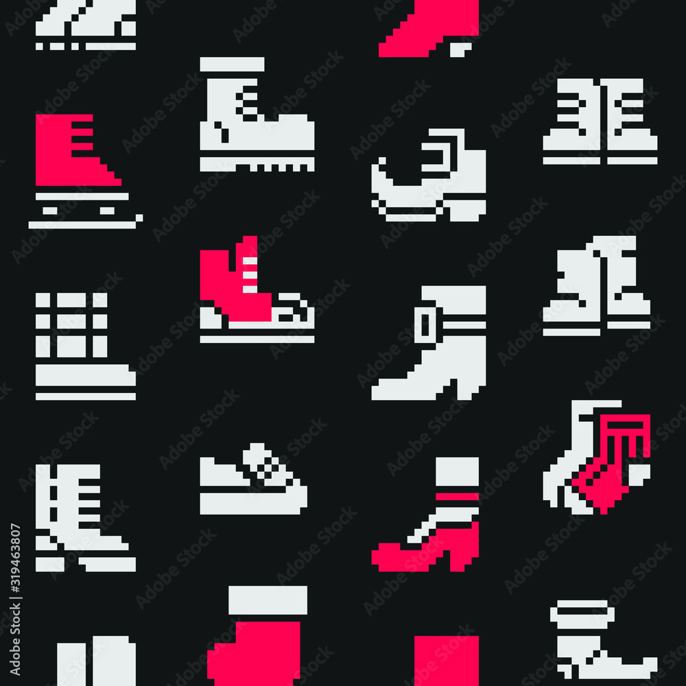 Shoes seamless pattern icons, fabric textures, pixel art style ...