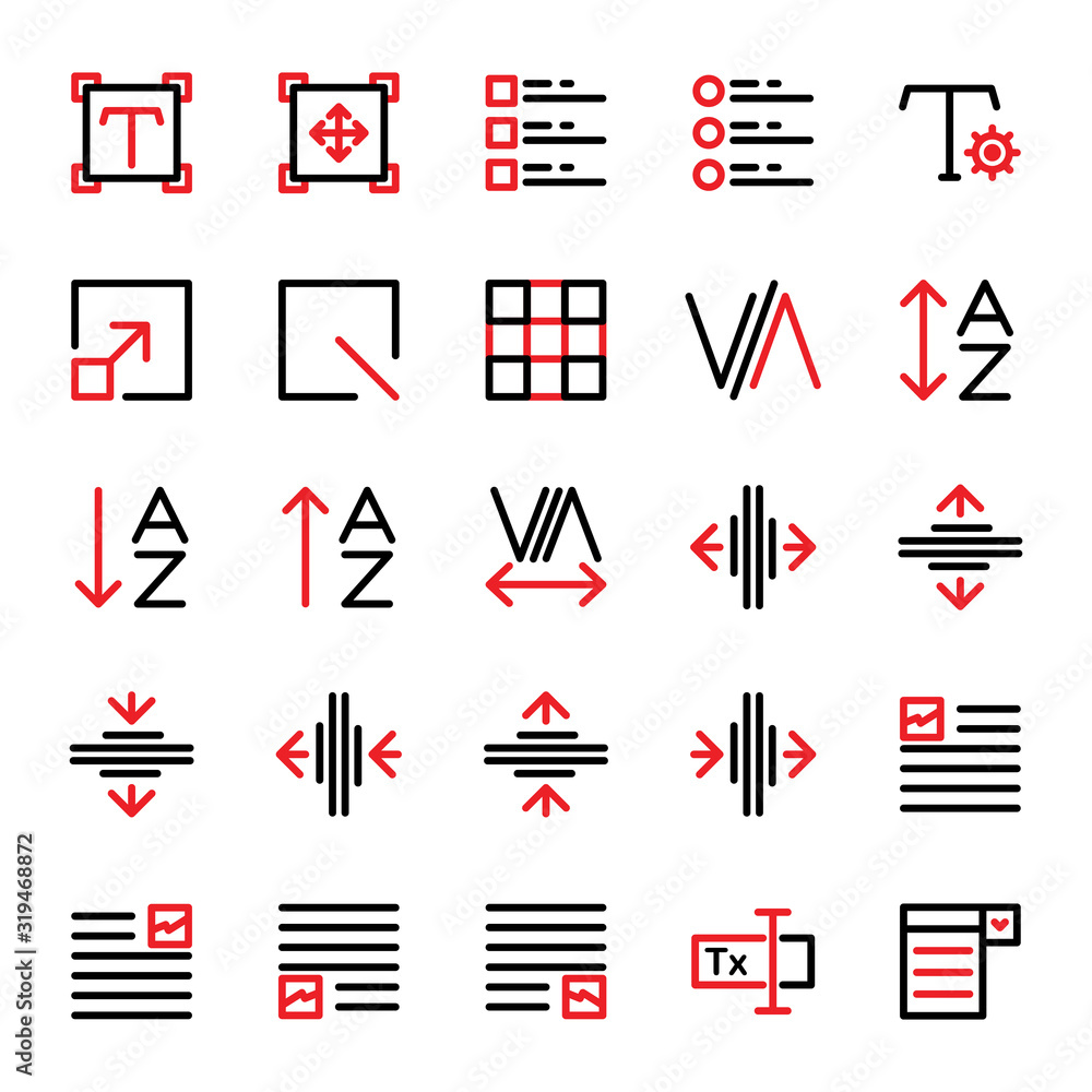 Editing text icon set include setting,scale,task,grid,fine,box,kerning ...