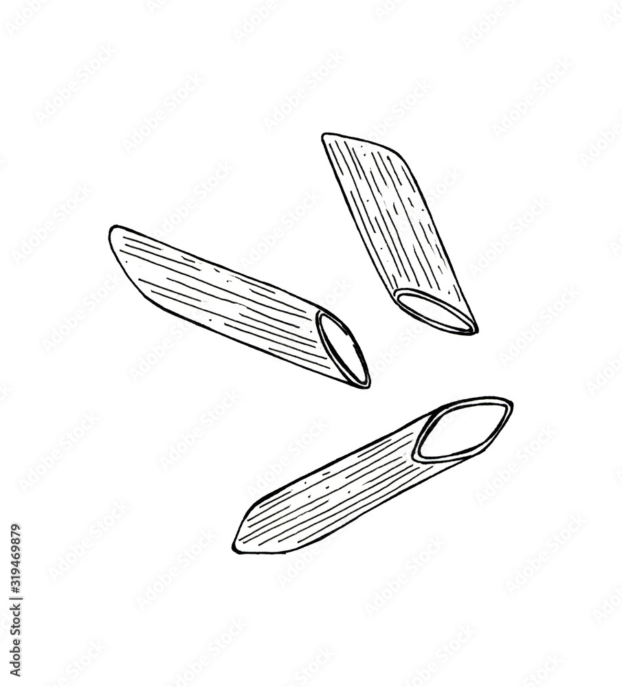 Hand drawn sketch illustration of Pasta Penne isolated on white Stock ...