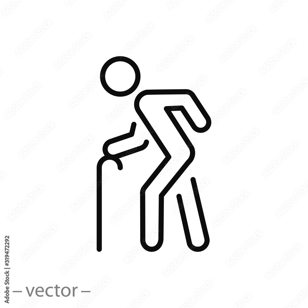 old man icon, elder person with cane, senior generation, thin line web ...