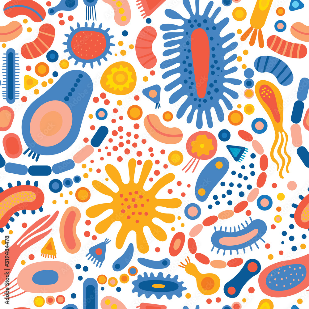 Seamless pattern with different types of microorganisms.Abstract ...
