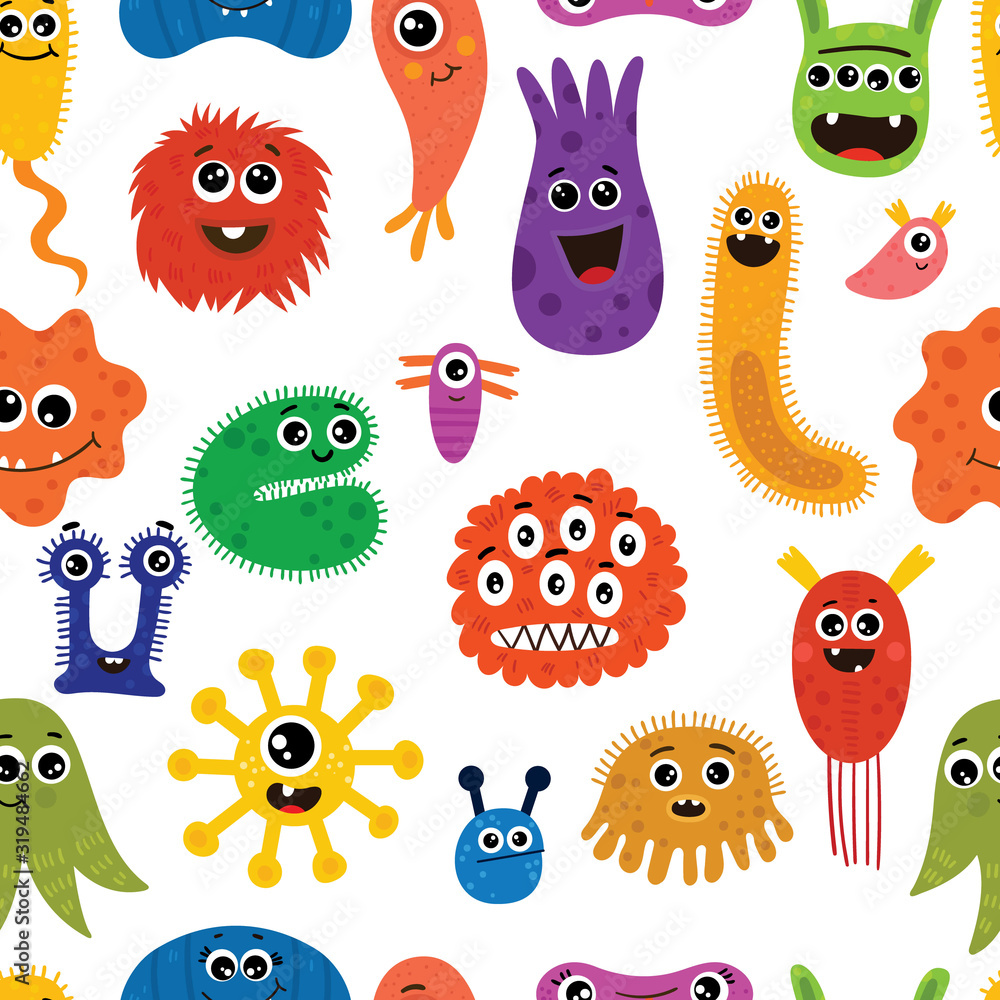 Seamless pattern with cartoon different characters of microorganisms ...