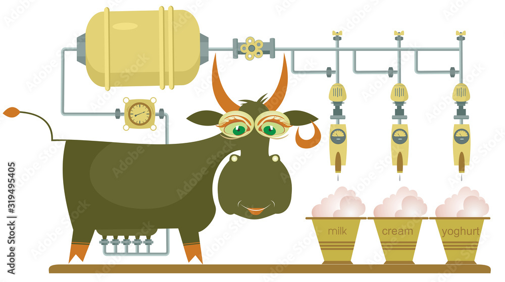 Comic milk farm and cow illustration. Cartoon comic cow being milked by ...