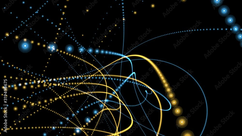 Dancing Node Strings (X). Green and orange light particles. Abstract ...