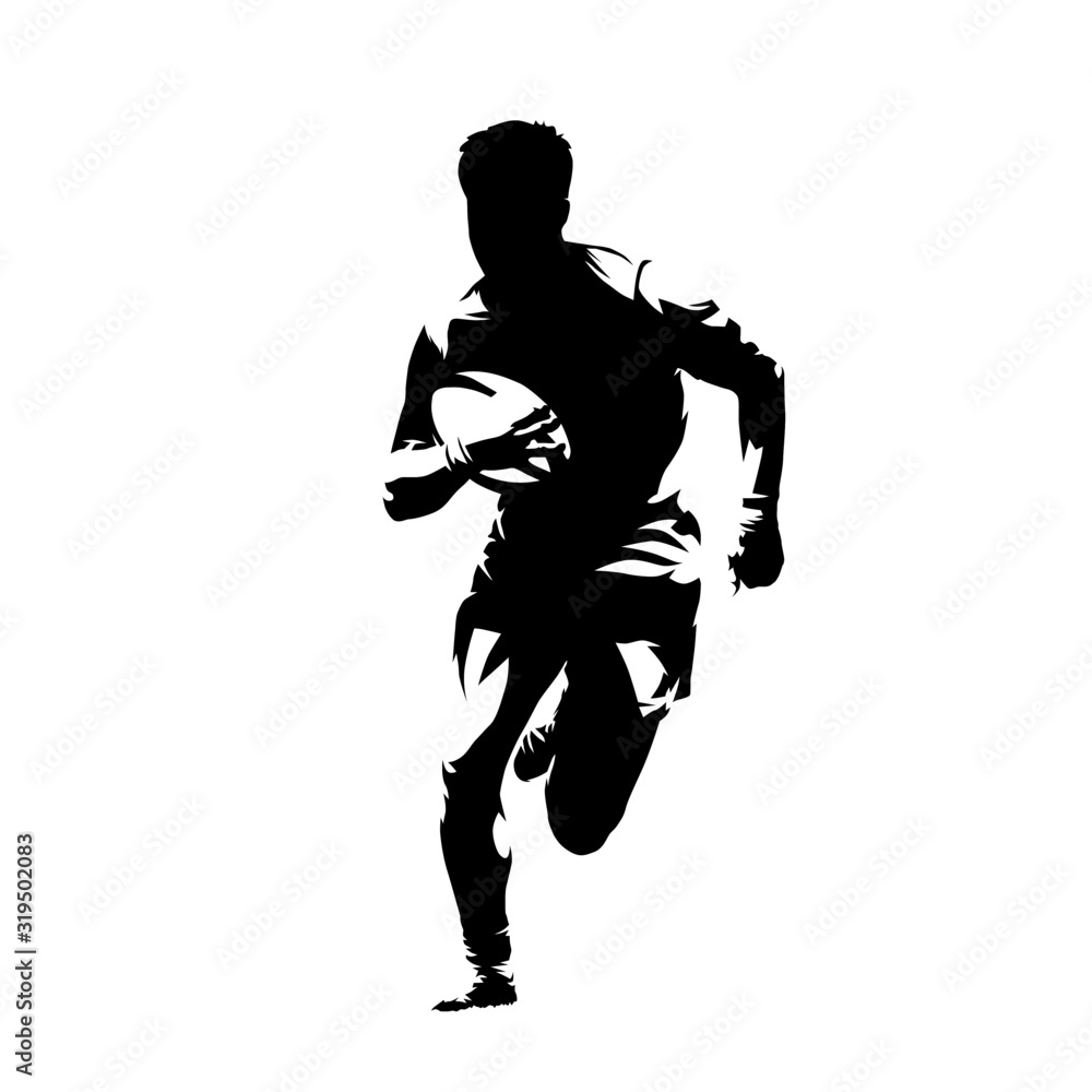 Rugby player running with ball, isolated vector silhouette, ink drawing ...