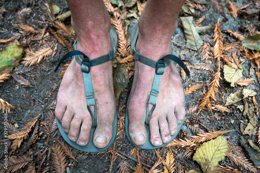 A detail of a man's feet in sandals that are dirty and worn from ...