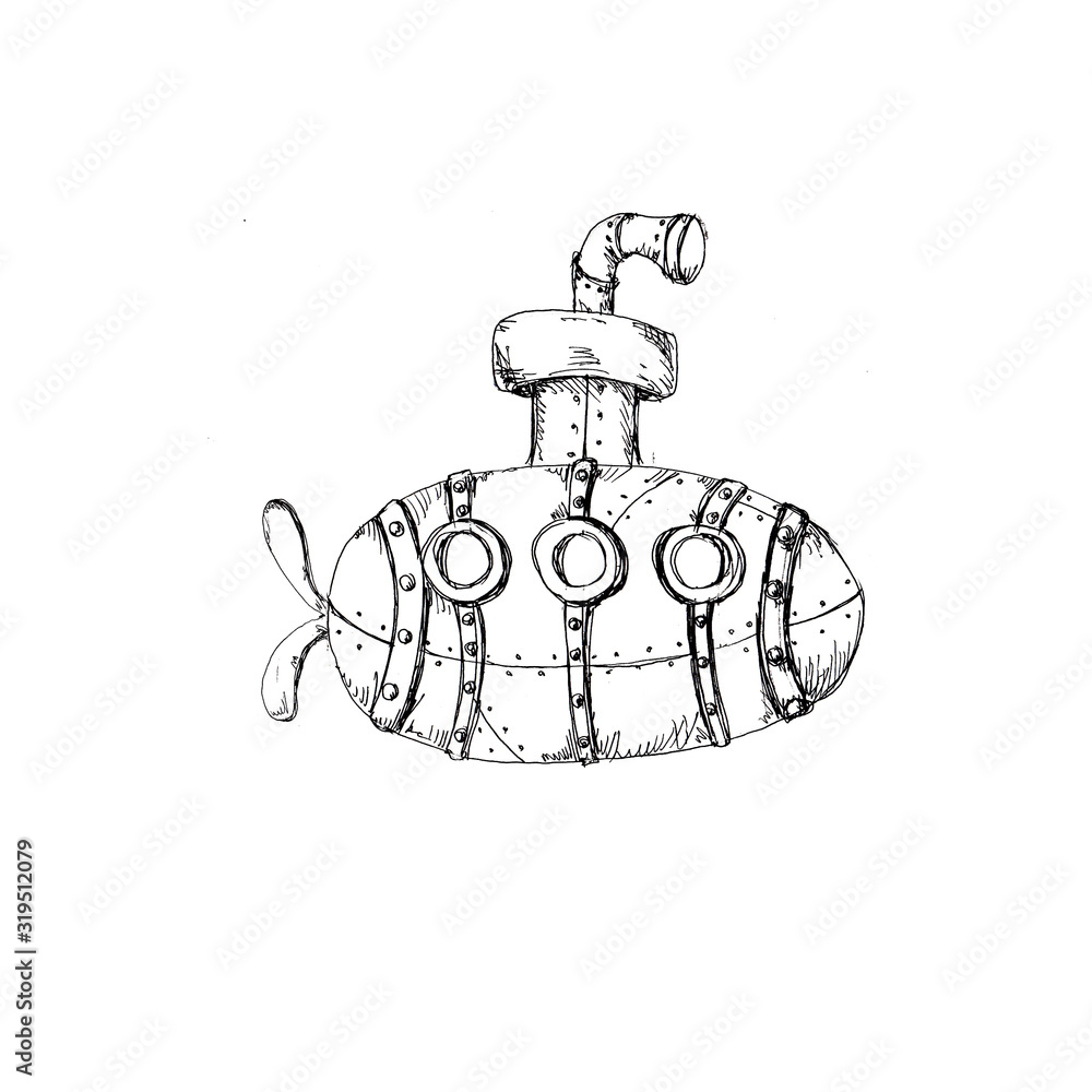 Sketch hand drawn artistic line art retro steampunk vehicle vintage ...