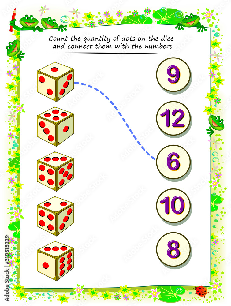 Math education for children. Count the quantity of dots on dice and ...