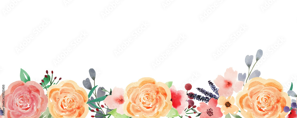 Watercolor seamless floral border with cute roses on a white background ...