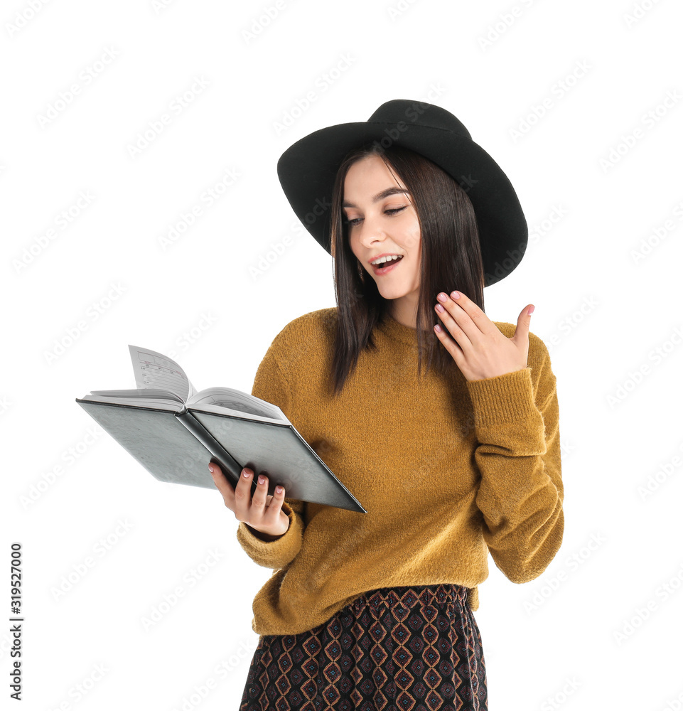Beautiful young woman reading book on white background Stock Photo ...