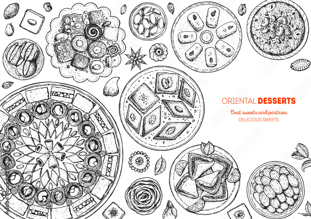 Oriental sweets vector illustration. Middle eastern food, hand drawn ...