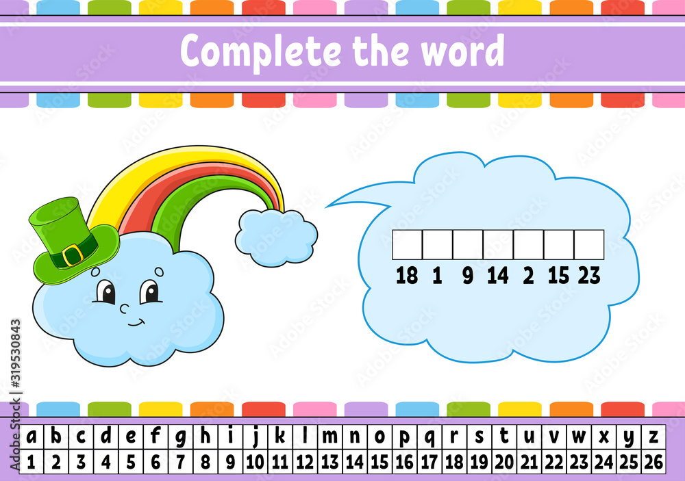 Complete the words. Rainbow in hat. Cipher code. Learning vocabulary ...