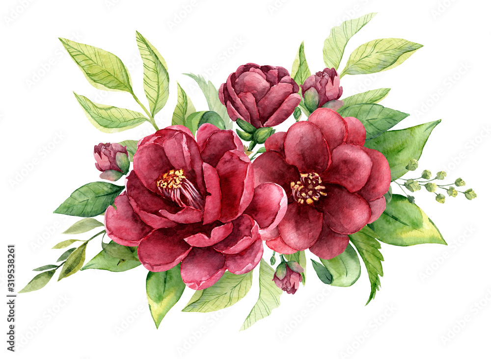 Burgundy flower bouquet with buds. Watercolor hand drawn floral posy ...
